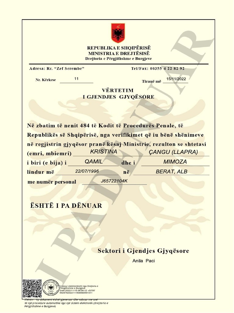 Certifikatë e Gjendjes Gjyqësore | PDF