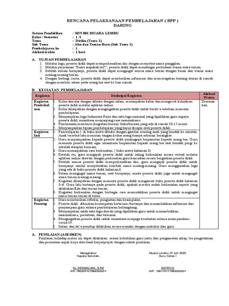 RPP Daring Kelas 1 Tema 1 ST 1 | PDF