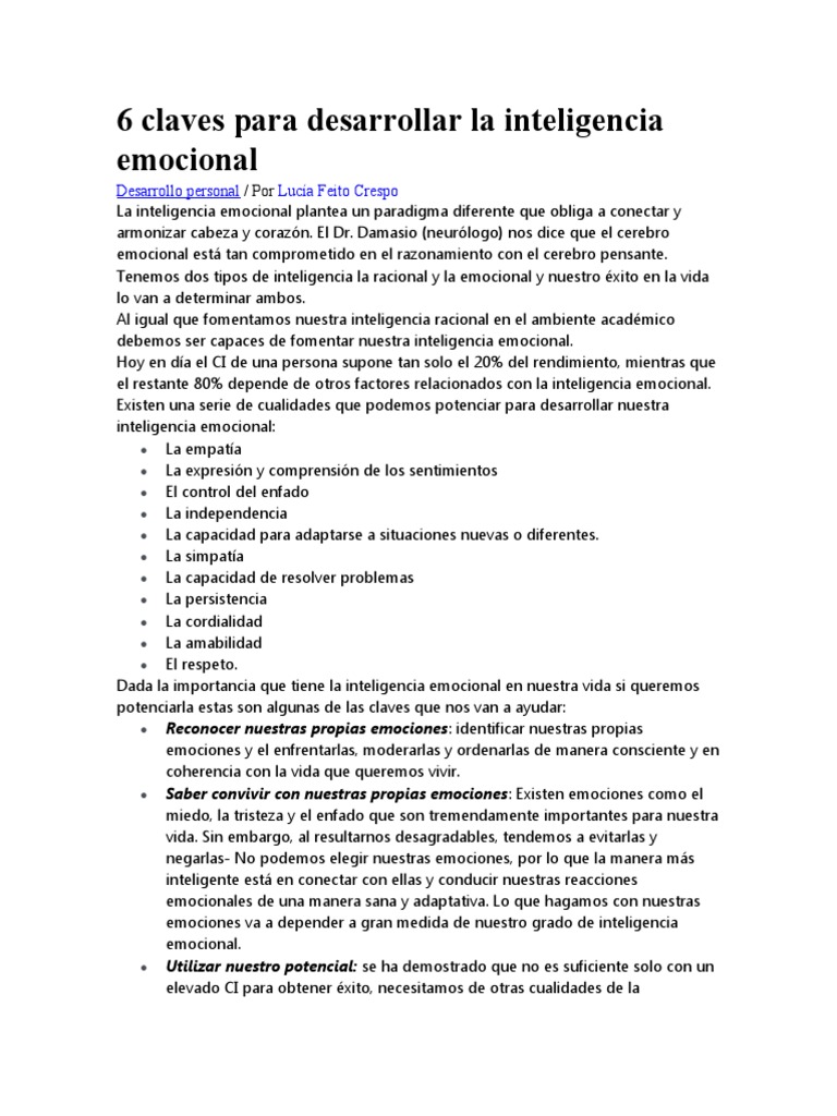 6 Claves Para Desarrollar La Inteligencia Emocional Pdf Las