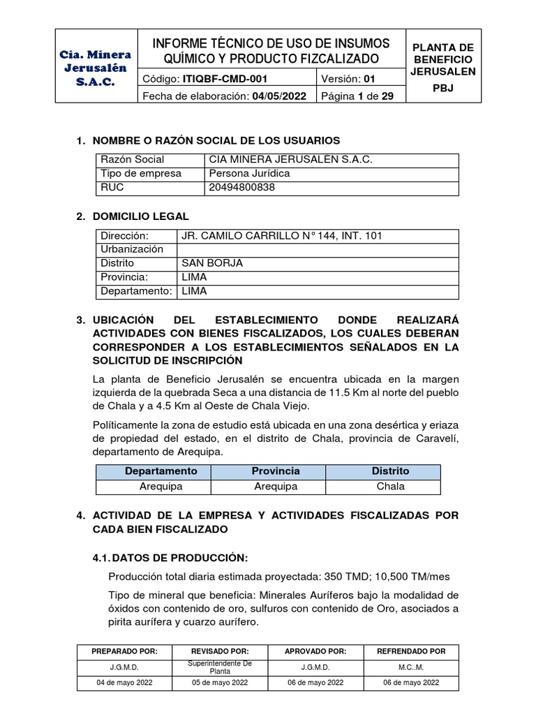 Informe Técnico de Insumos Químicos | PDF | Cianuro | Ácido