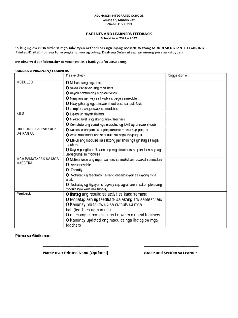 Feedback Checklist For Parents and Learners | PDF