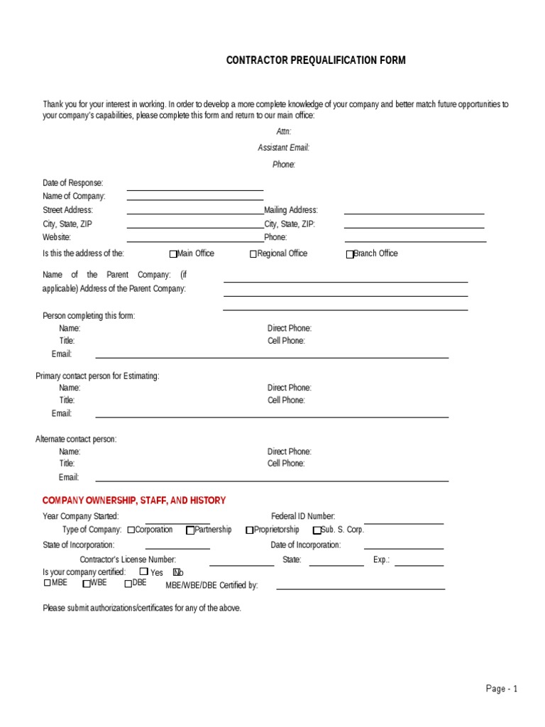 Contractor Prequalification Form | PDF