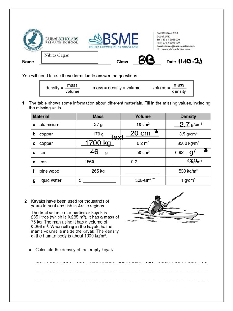 Density - Calculations-Worksheet 8B | PDF