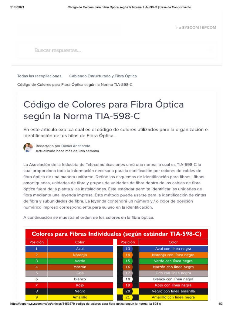 Código de Colores para Fibra Óptica Seg... Norma TIA-598-C - Base de Conocimiento | PDF