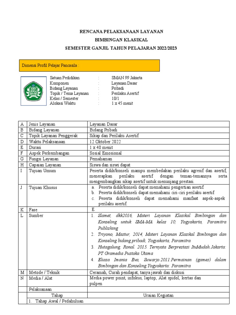 Bimbingan Asertif SMAN 99 Jakarta | PDF