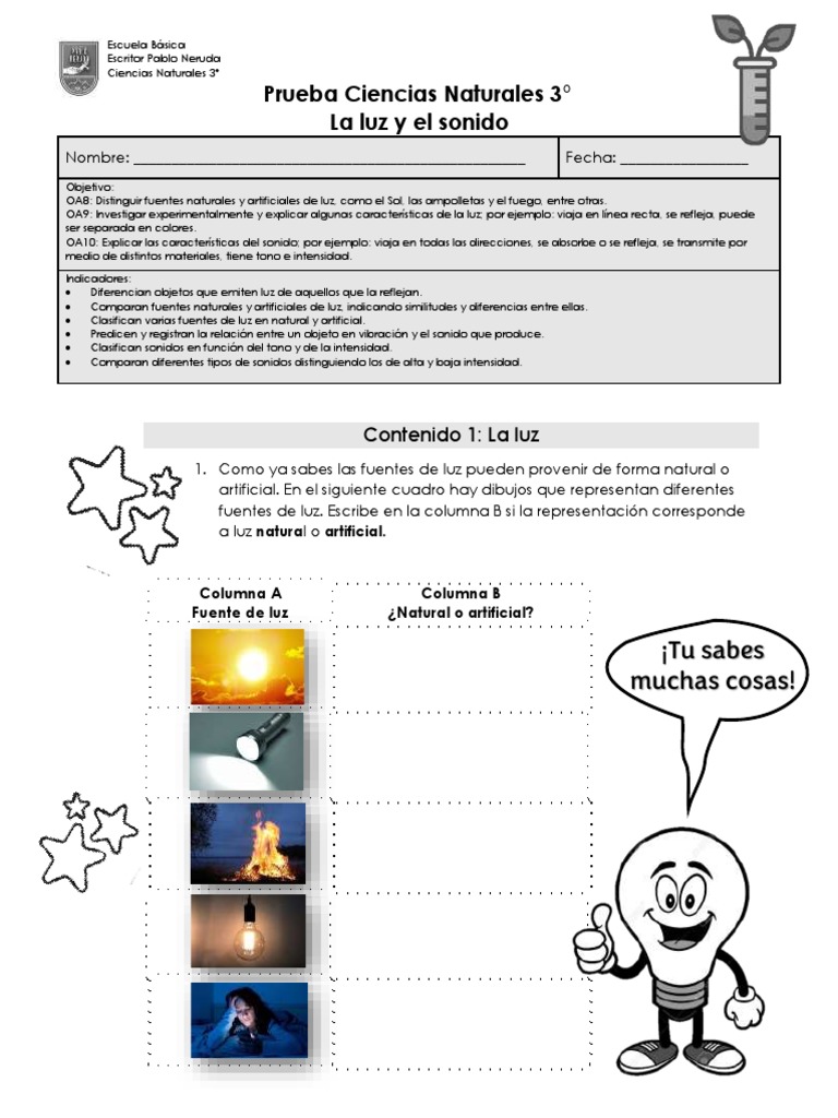 Prueba de Ciencias Naturales 3° La Luz y El Sonido | PDF | Sonido | Ligero