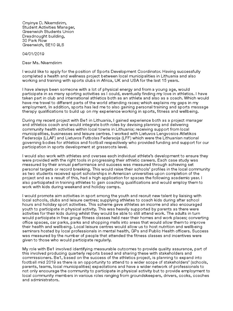 Sports Development Cover Letter | PDF