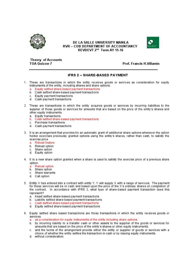 Toa Quizzer 7 Ifrs 2 Share Based Payment Compress | PDF
