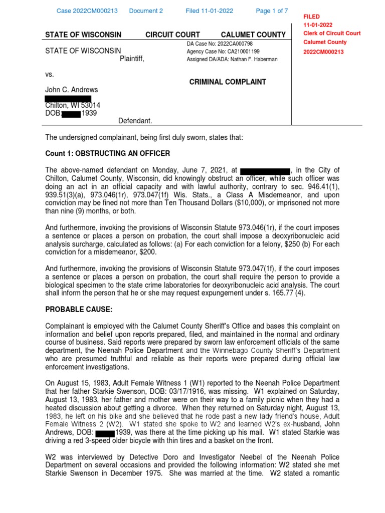 John Andrews Criminal Complaint | PDF | Wisconsin Circuit Courts | Skull
