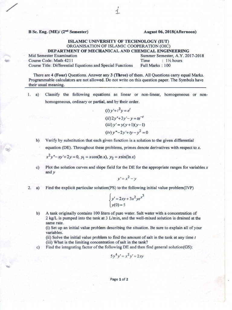 MPE Summer - 2017-2018 Mid Semester Examination | PDF
