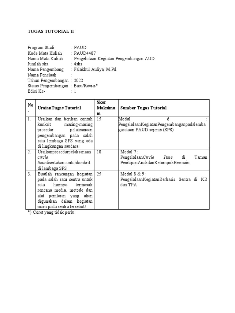 (Mapel 3) TUGAS TUTORIAL II Ok (Pengelolaan Kegiatan Pengembangan AUD 14) | PDF