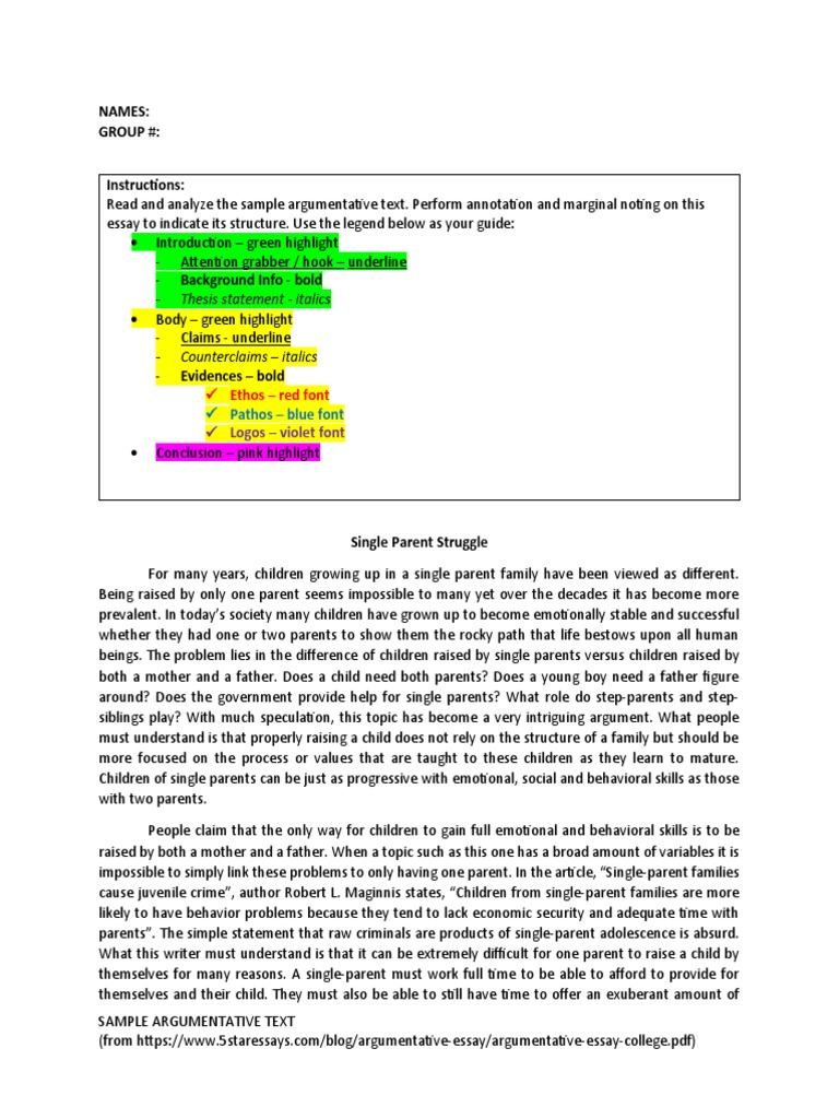Activity - Structure of Argumentative Texts | PDF | Single Parent ...