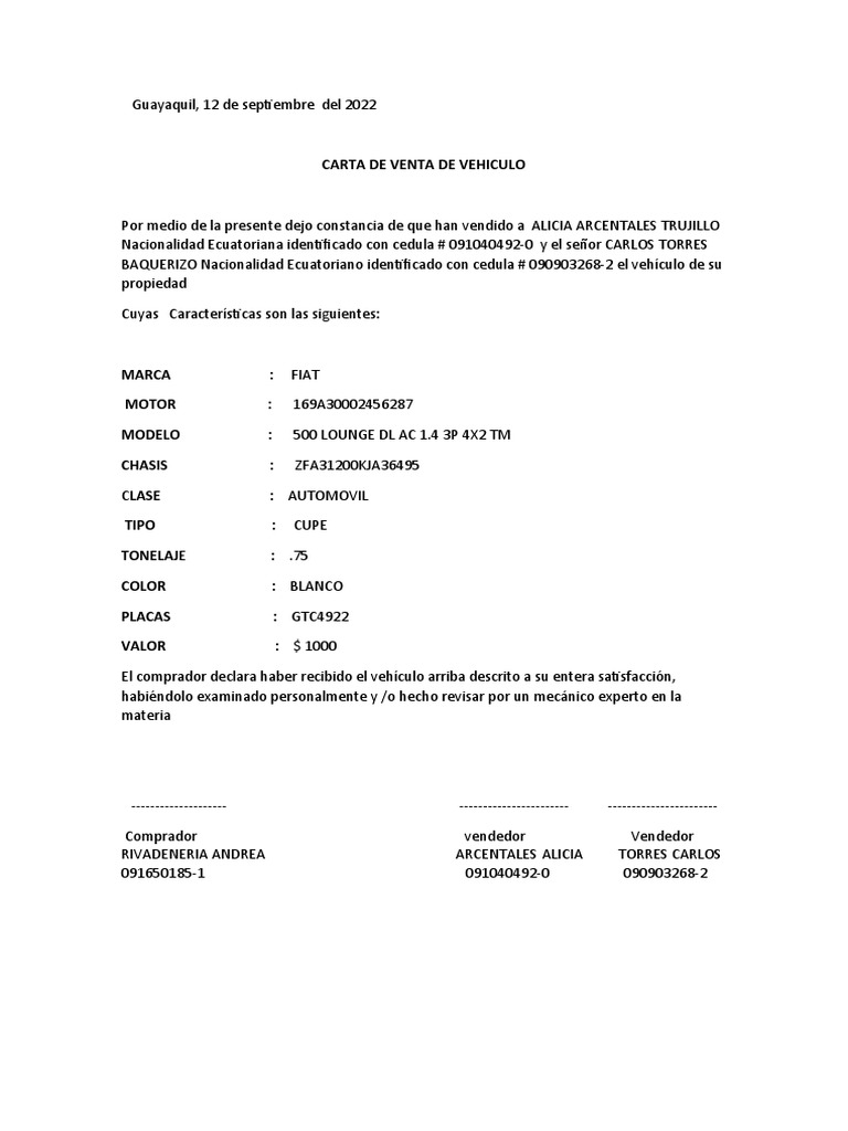 Carta de Compra Venta de Vehiculo | PDF