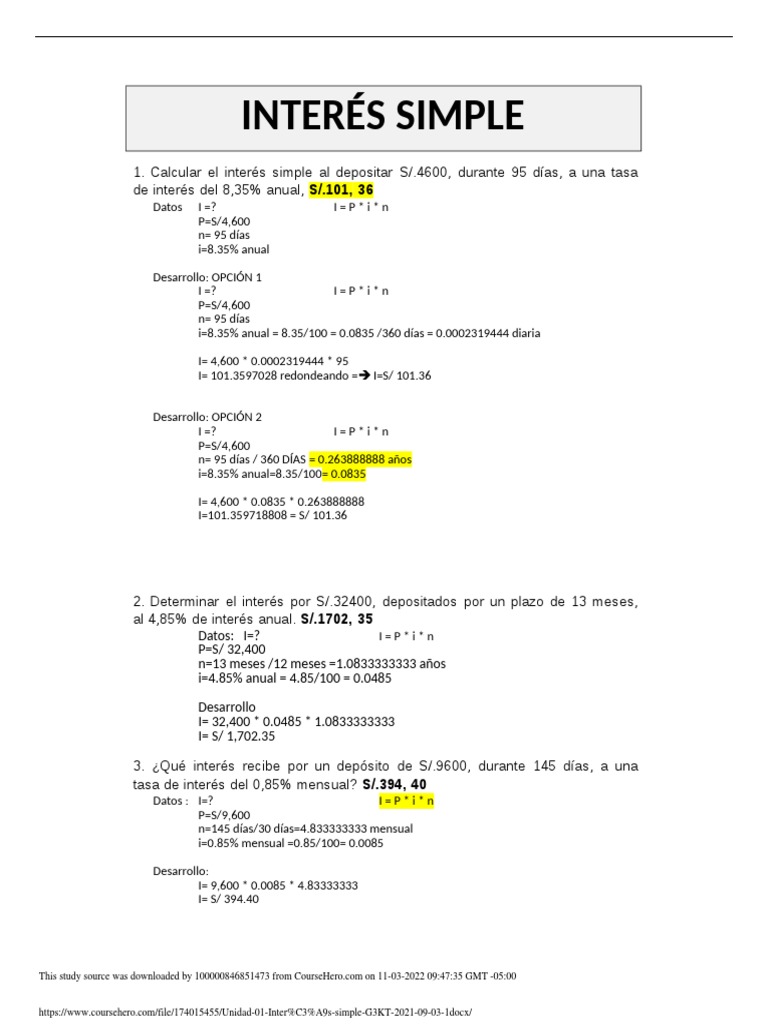 Cálculo de Interés Simple y Ejemplos | PDF | Interés | Economias