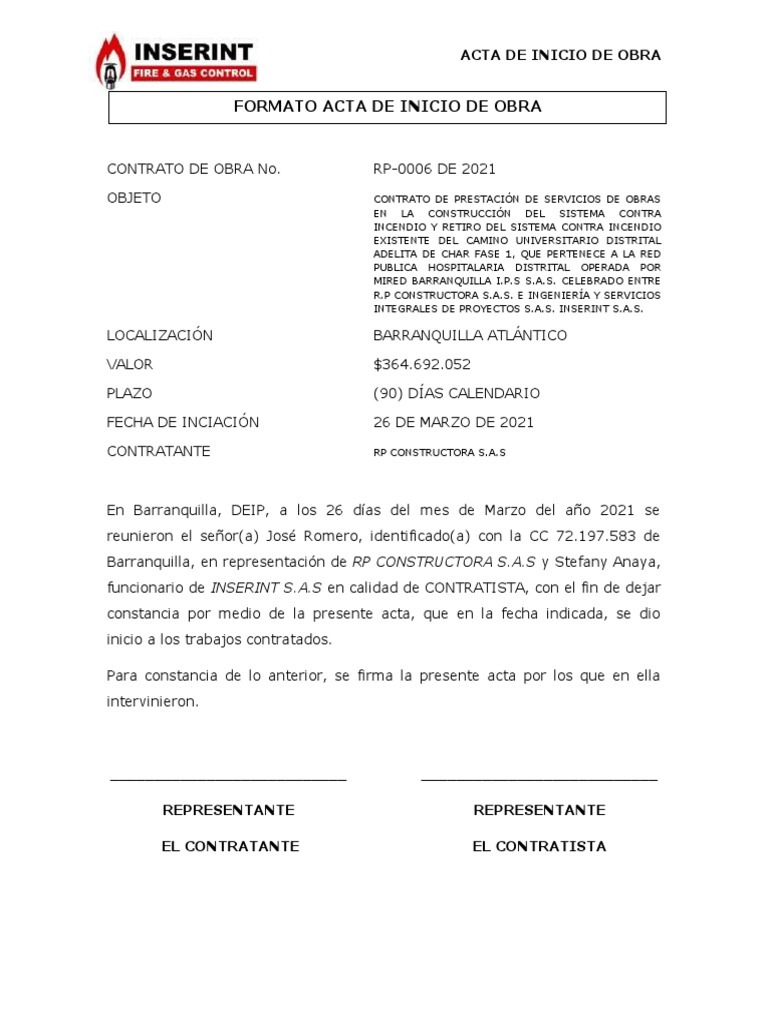 Modelo Acta de Inicio de Obra | PDF