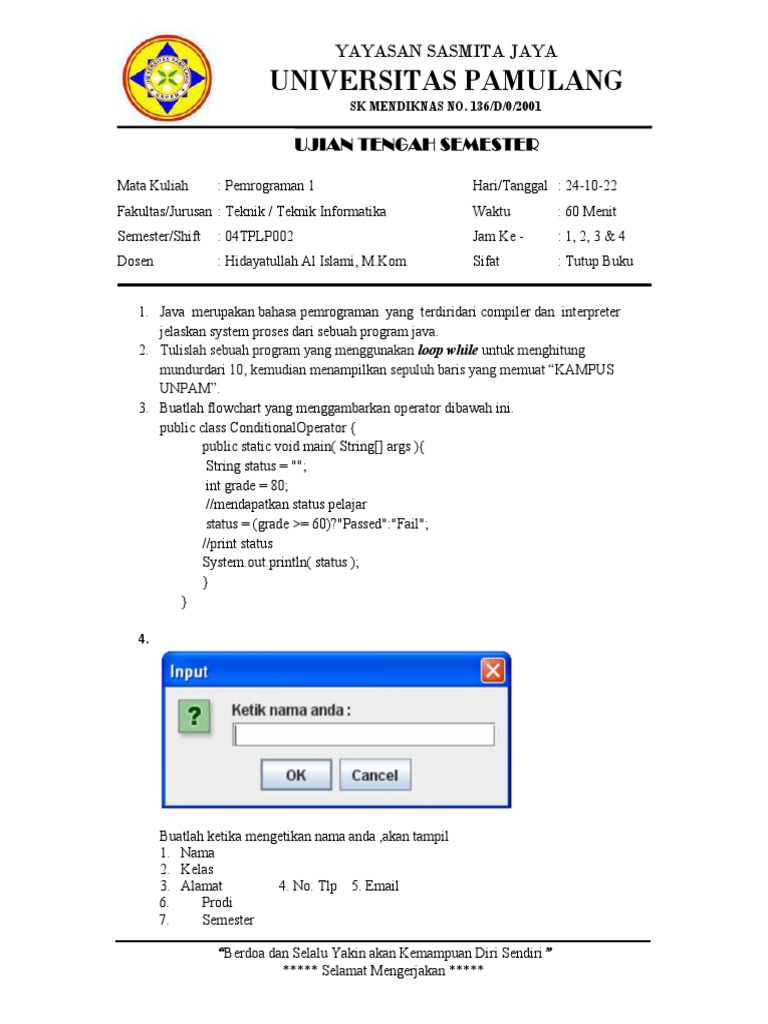 Soal Uts Pemrograman 1 04TPLP002 | PDF