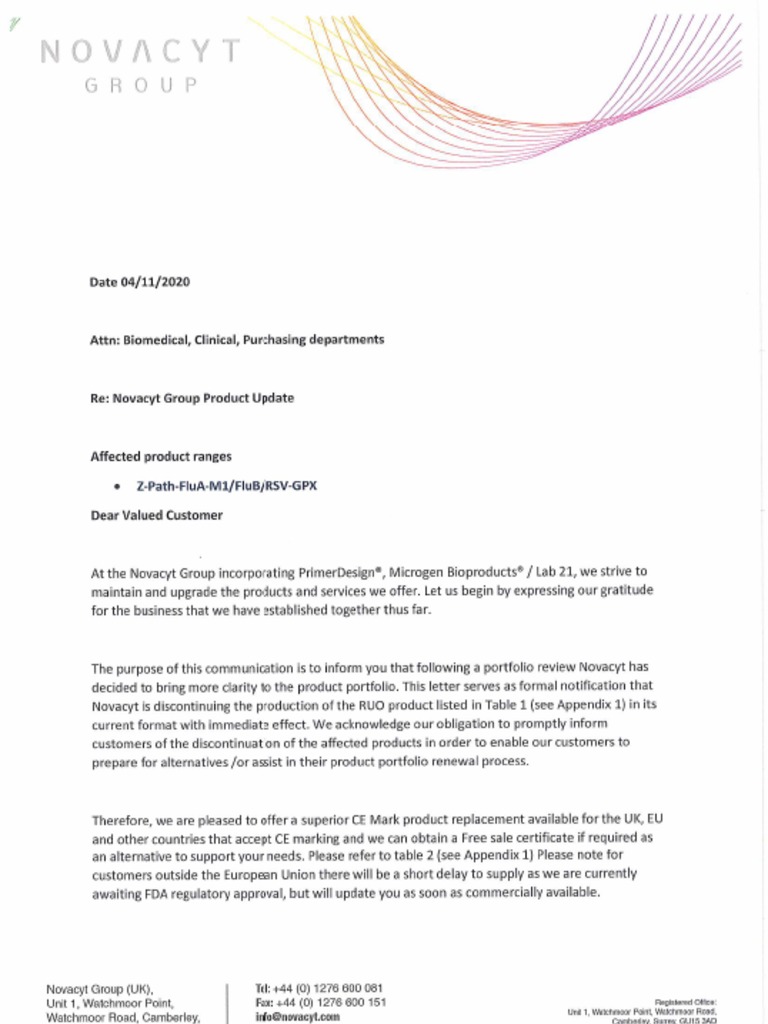 Customer EOL Letter Z-Path-FluA-M1-FluB-RSV-GPX1 | PDF