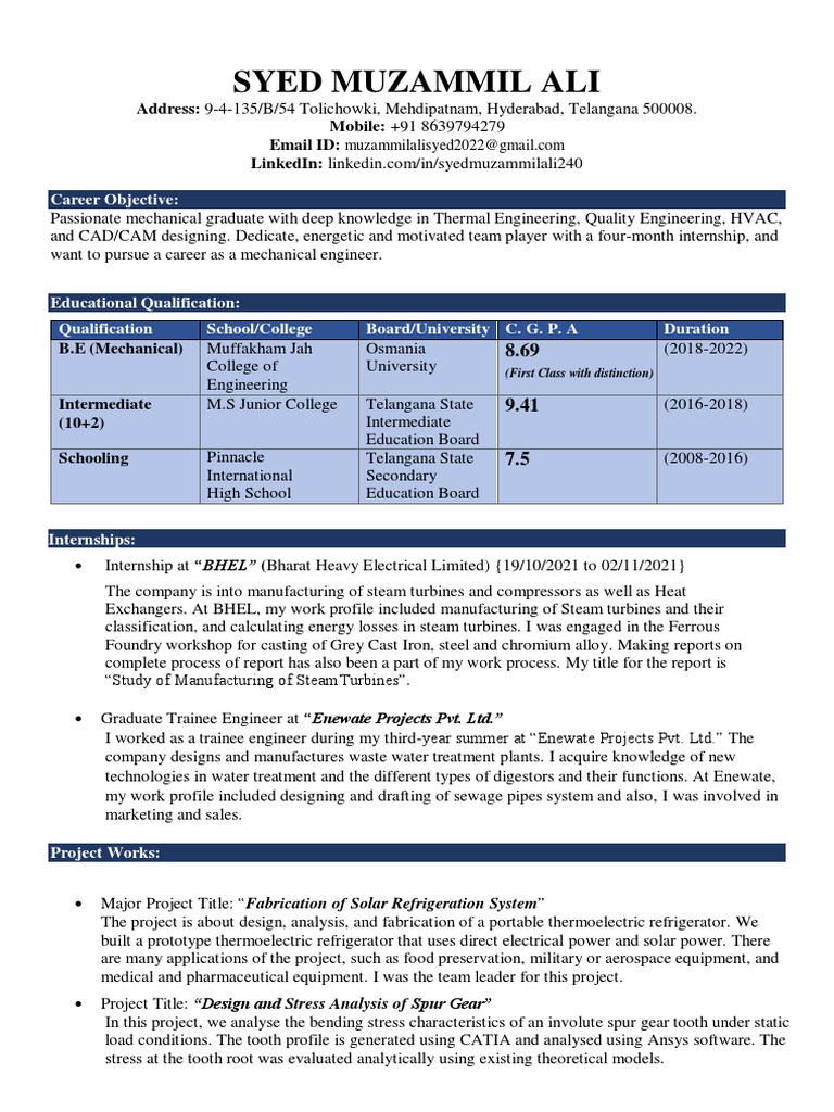RESUME (Syed Muzammil Ali) | Download Free PDF | Engineering