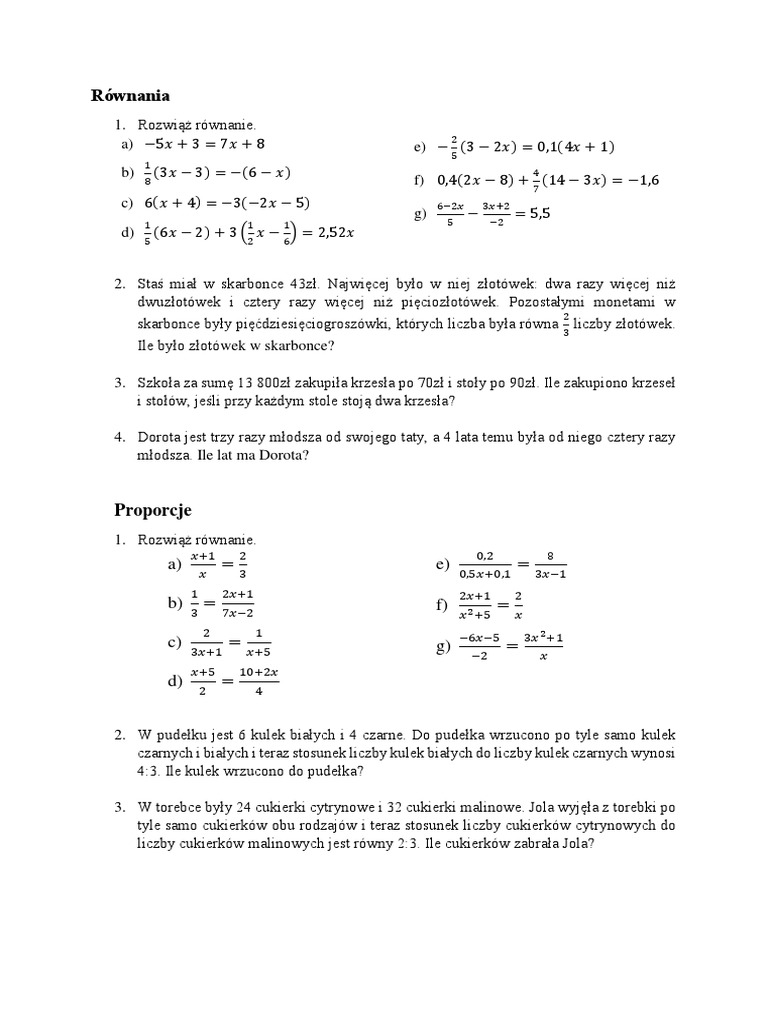 Równania Karta Pracy | PDF