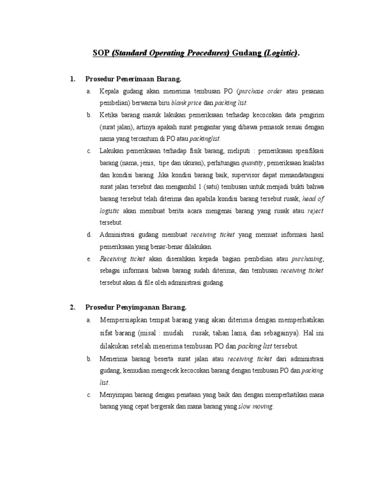 Adoc Pub Sop Standard Operating Procedures Gudang Logistic Pdf