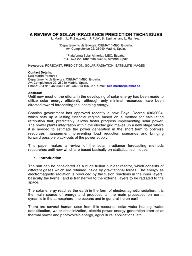 A Review of Solar Irradiance Prediction Techniques | PDF