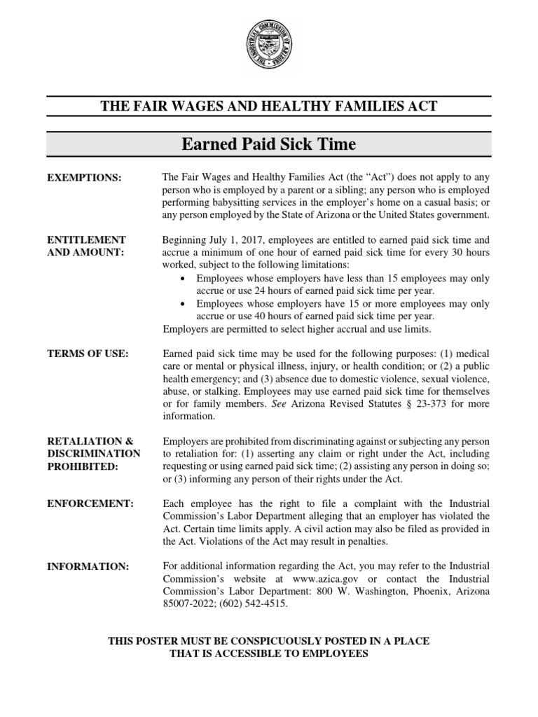 Arizona Az Earned Paid Sick Time Poster 2017 Pdf
