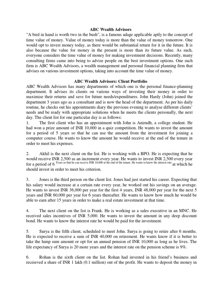 ABC Wealth Advisors Case Study TVM | PDF