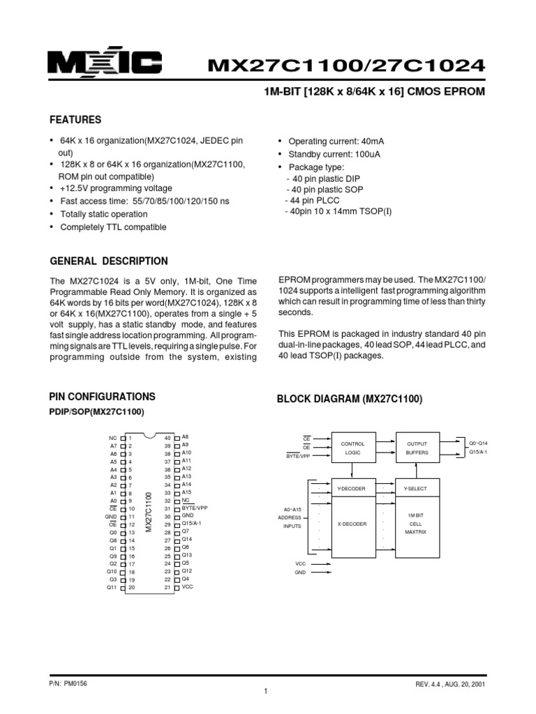 1M-Bit CMOS EPROM Featuring 64K x 16 or 128K x 8 Organization, Fast ...