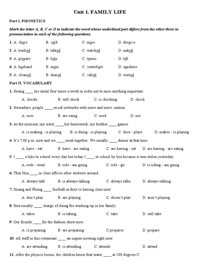 UNIT 1 FAMILY LIFE - Test | PDF | Interpersonal Relationships | Family