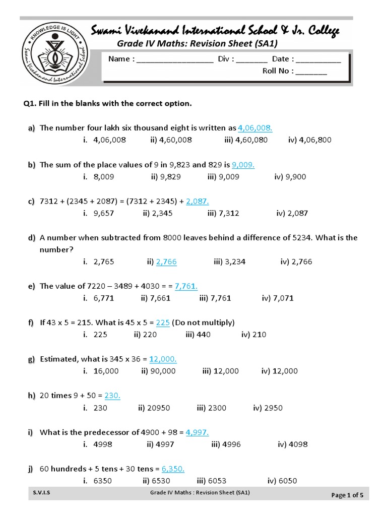 Gr4 Math Rev SA1 Ans Key | PDF