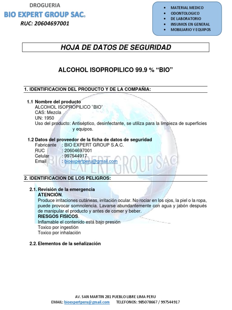 MSDS Alcohol Isopropilico Spray 480ML | PDF | Agua | Etanol