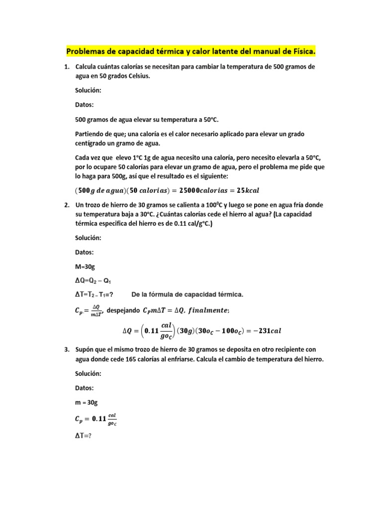 Problemas de capacidad térmica y calor latente del manual de Física ...