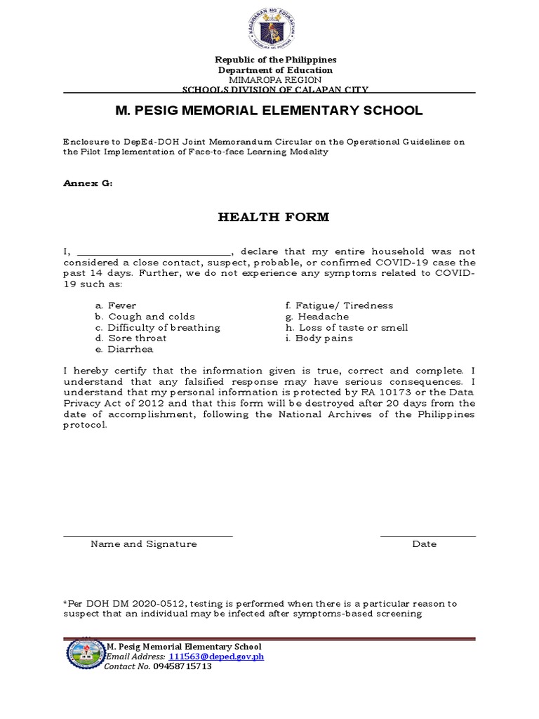 Annex G - Sample Health Form | PDF