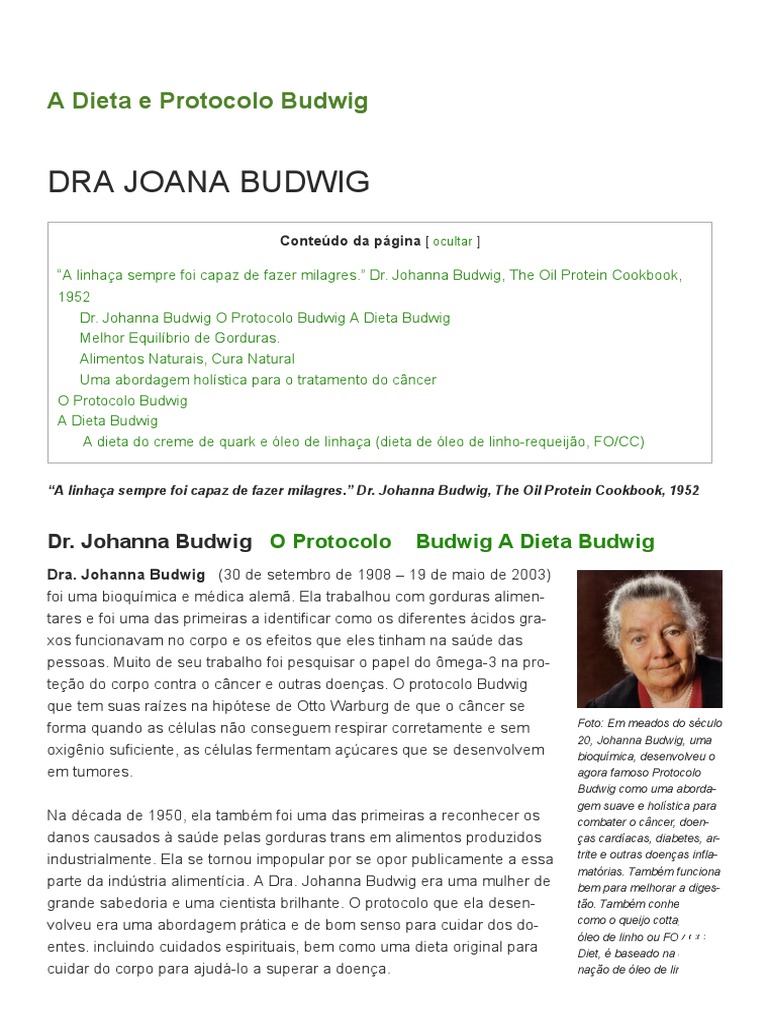 Dr. Johanna Budwig - A Dieta e Protocolo Budwig | PDF