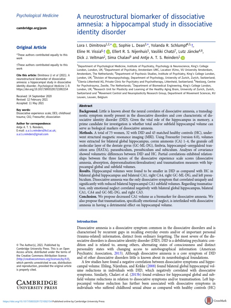 A Neurostructural Biomarker of Dissociative Amnesia A Hippocampal Study in Dissociative Identity ...