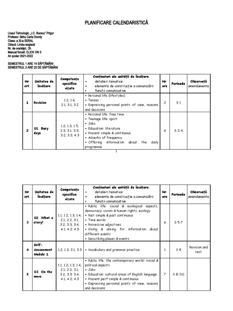Planificare Seral Click On 3 Clasa 11 | PDF