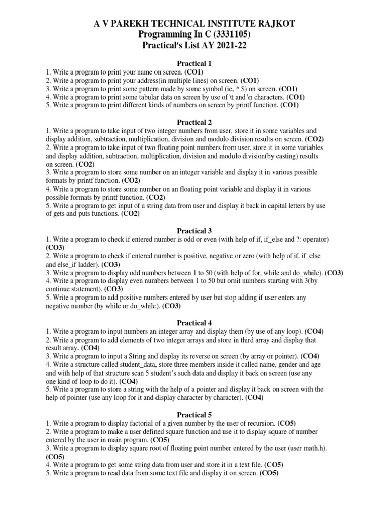 C Practical List 2021 22 Pdf Array Data Structure Pointer Computer Programming 6769
