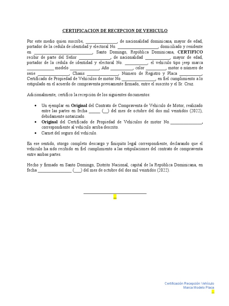 MODELO DE ACUSE DE RECIBO - Vehiculo de Motor | PDF