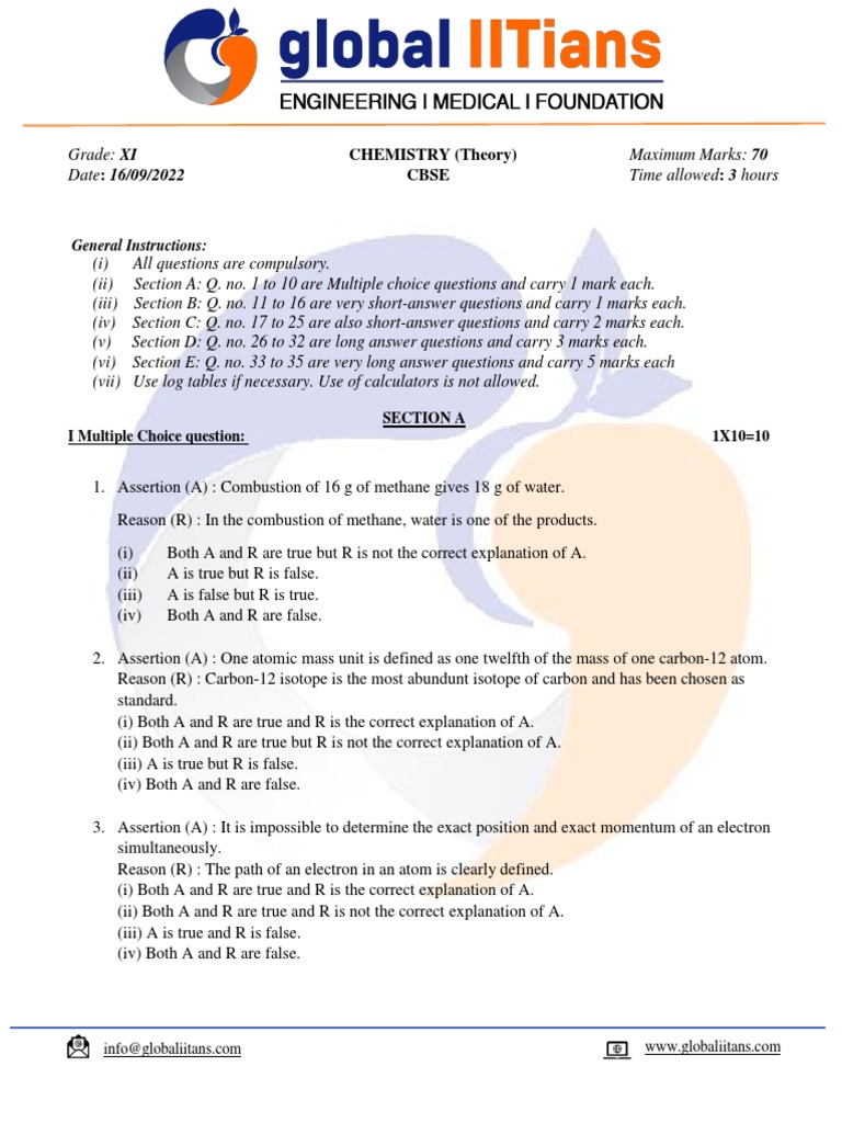 CBSE Grade 11 Chemistry Exam: Multiple Choice, Short & Long Answer ...
