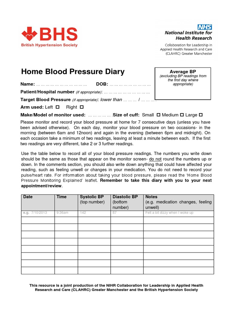Home Blood Pressure Diary Template | PDF | Blood Pressure | Hypertension