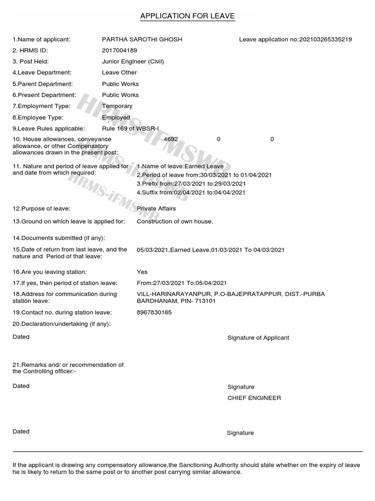 Leave Application for Private Affairs | PDF