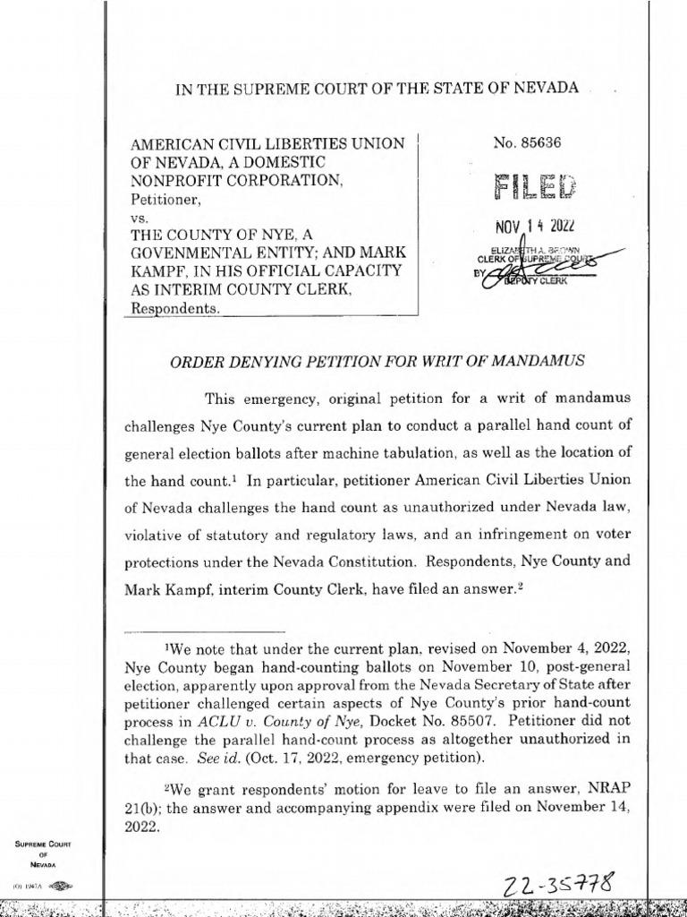 Order Denying Petition Re: ACLU of Nevada v. Nye County | PDF | Mandamus | Writ