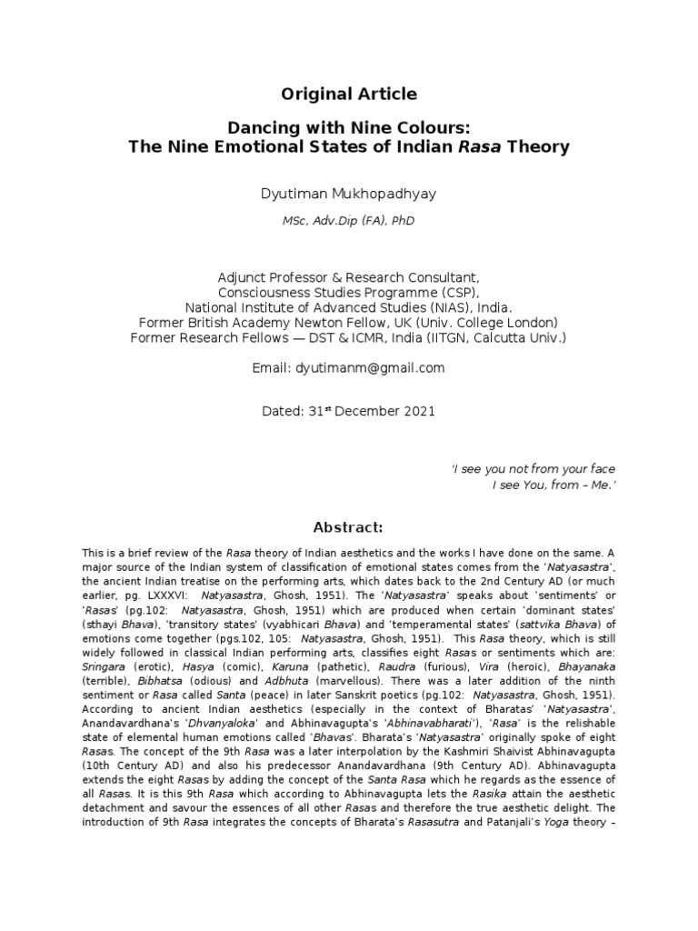 Nine Emotional States of Indian Rasa Theory | PDF | Psychological ...