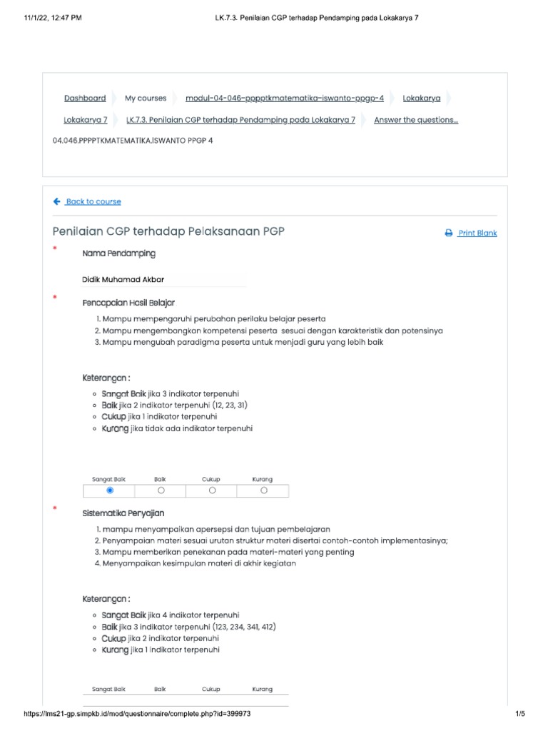 Kuisioner Penilaian PP Dari CGP | PDF
