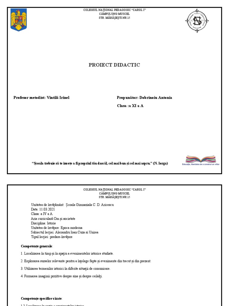 Proiect de Activitate Didactica-Istorie Dobrinoiu Antonia | PDF
