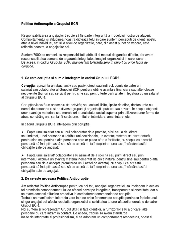 Extras Din Politica Anticoruptie BCR | PDF