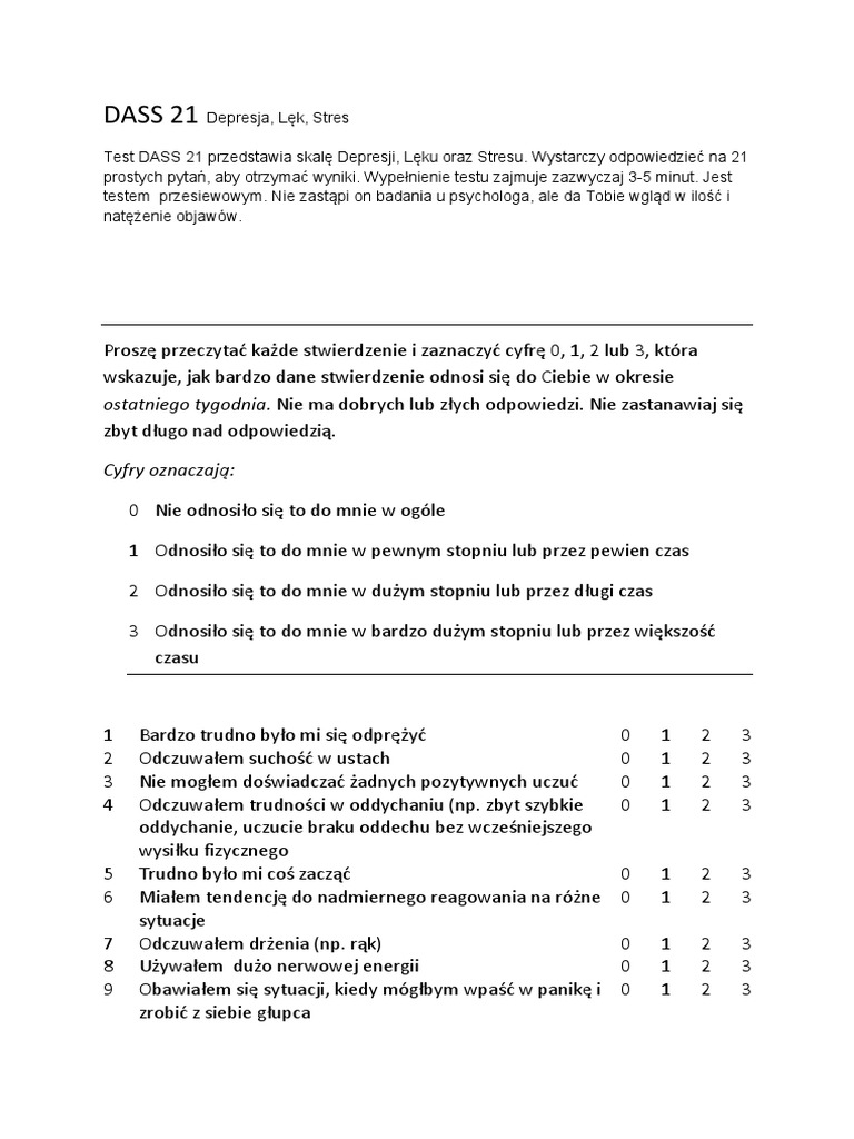DASS 21 Depresja Lęk Stres | PDF