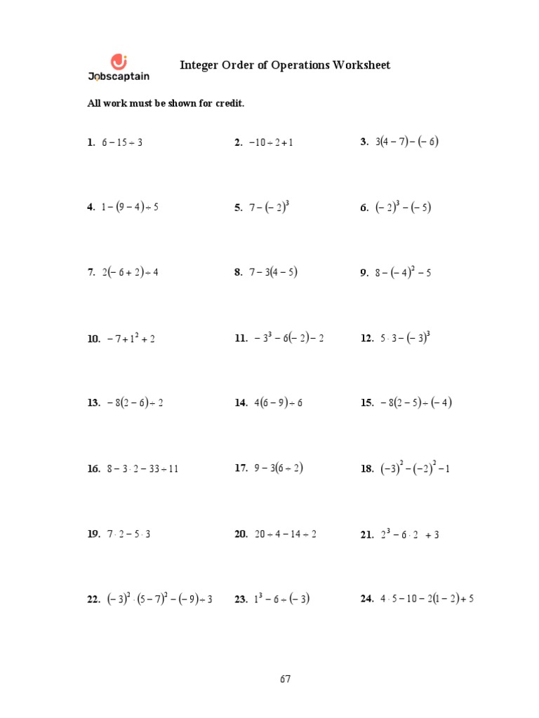 Integer Order of Operations Worksheet | PDF