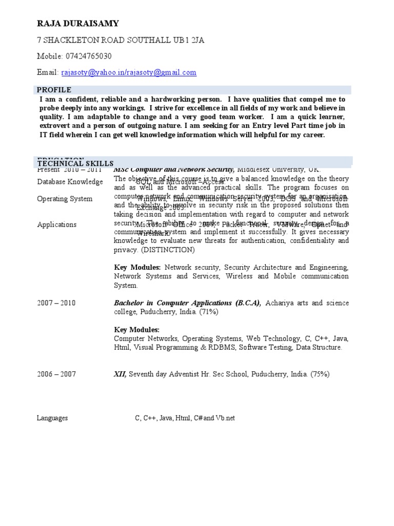 Raja Duraisamy CV | PDF | Computer Network | Operating System
