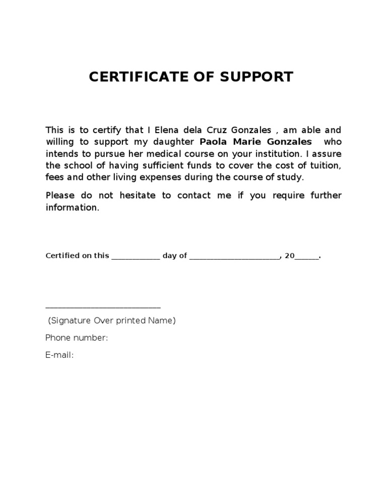 Certificate of Support From Parents | PDF